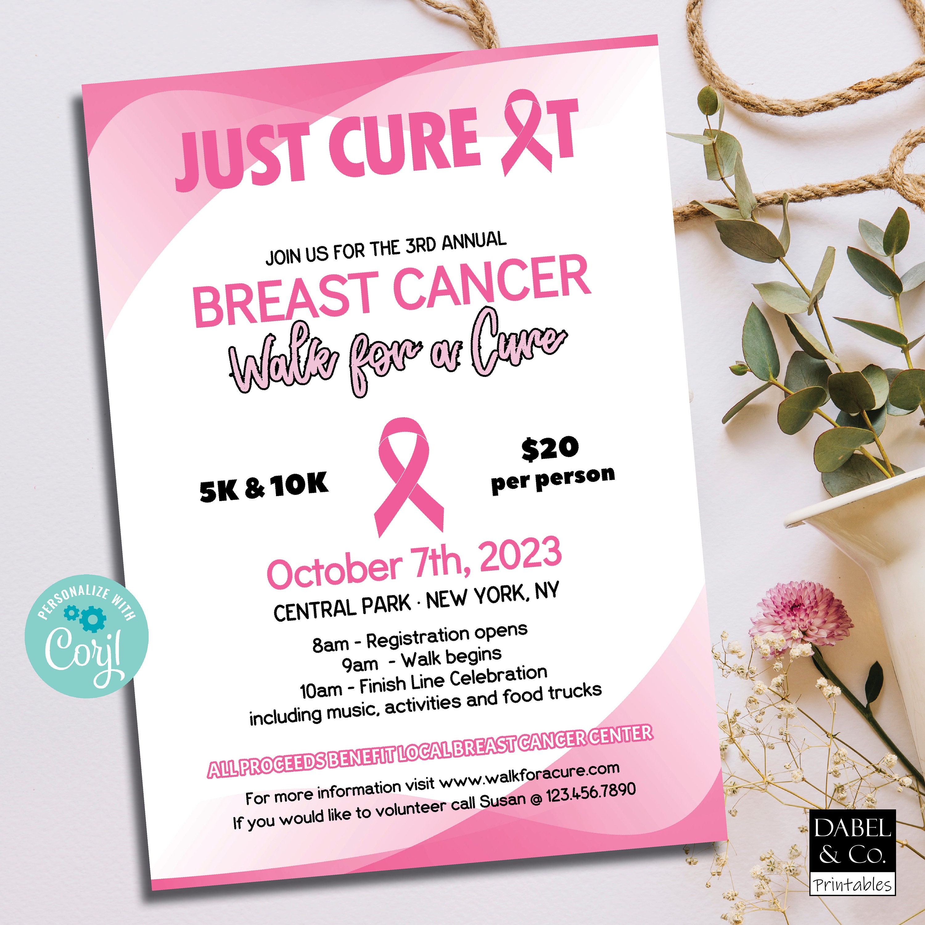 Breast Cancer Walk for a Cure Invitation, Editable Breast Cancer ...