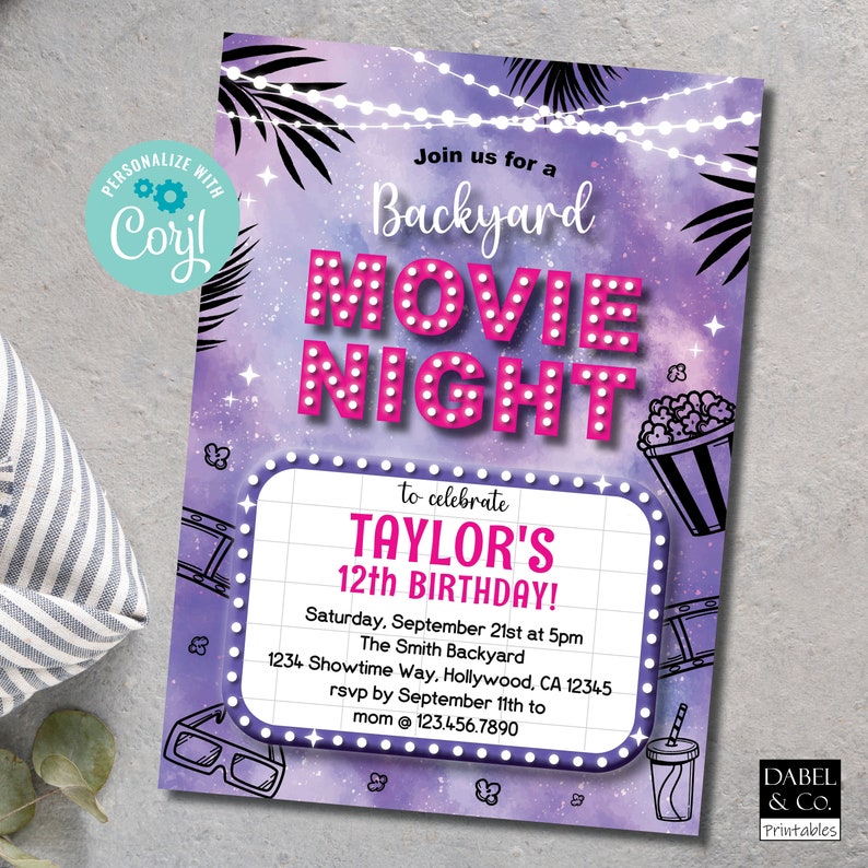 Movie Night Birthday Invitation, Backyard Movie Night Party, Editable ...