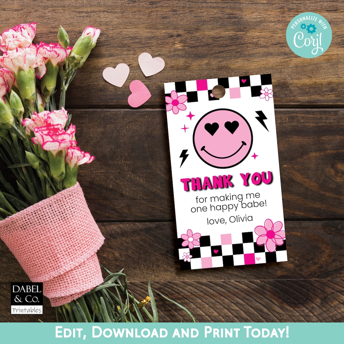 Editable 1st Birthday Thank You Tag, One Happy Babe Favor Tag, First ...