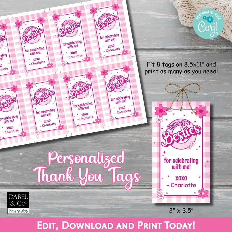 Besties Birthday Favor Tags, Doll Birthday Party, Printable Thank You ...