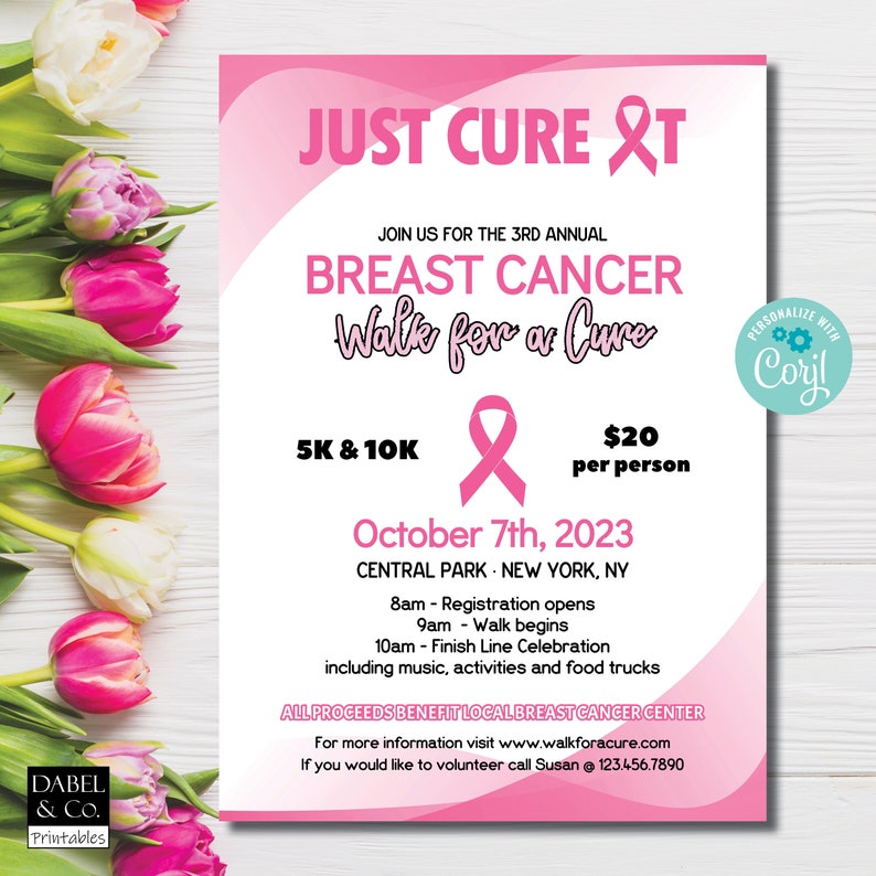 Breast Cancer Walk for a Cure Invitation, Editable Breast Cancer ...