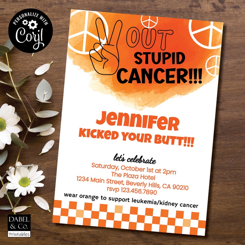 Peace Out Cancer Invitation, Goodbye Cancer Party, #orangeup Invite ...