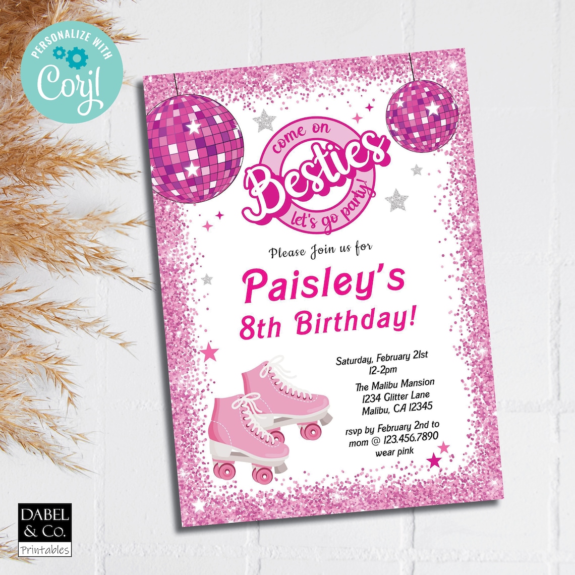 Pink Sparkle Birthday Invitation, Disco Ball Roller Skates Party ...