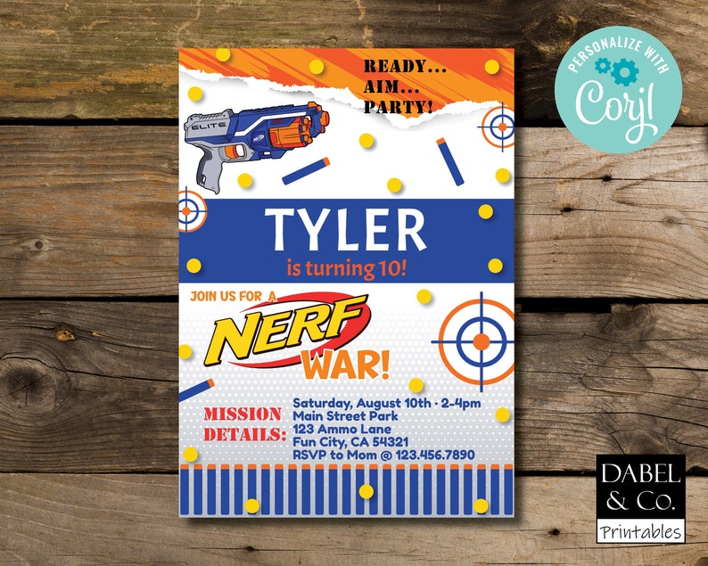 Nerf Birthday Invitation Nerf War Dart Gun Battle Editable - Etsy