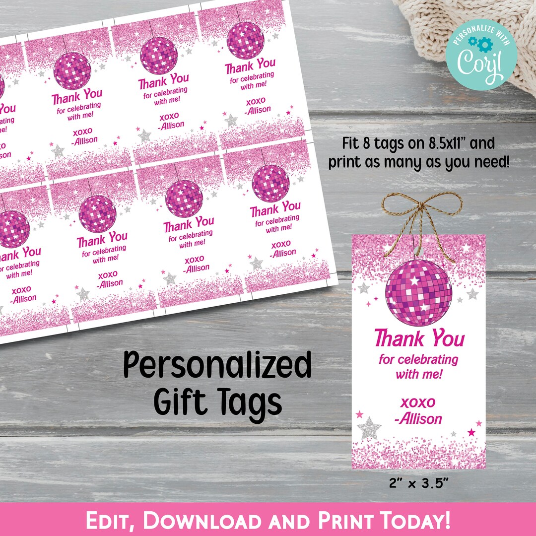 Pink Sparkle Birthday Favor Tags, Glitter Pink Disco Ball Birthday ...