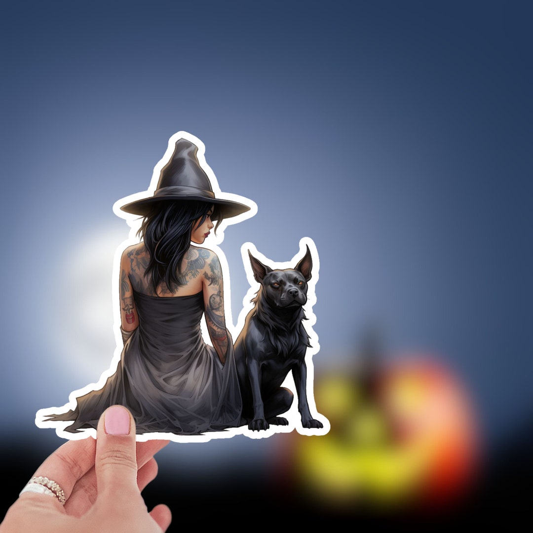 Gothic Halloween Witch With Dog Familiar, Kiss-cut Stickers, Witchy ...