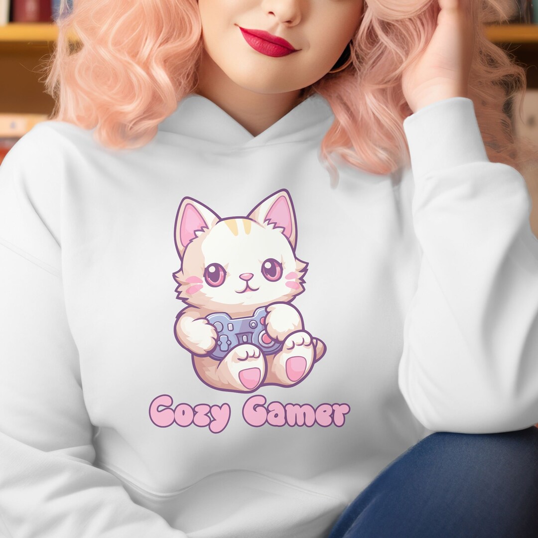 Cozy Gamer Cute Cat Unisex Hooded Sweatshirt, Cozy Gaming Hoodie, Video ...