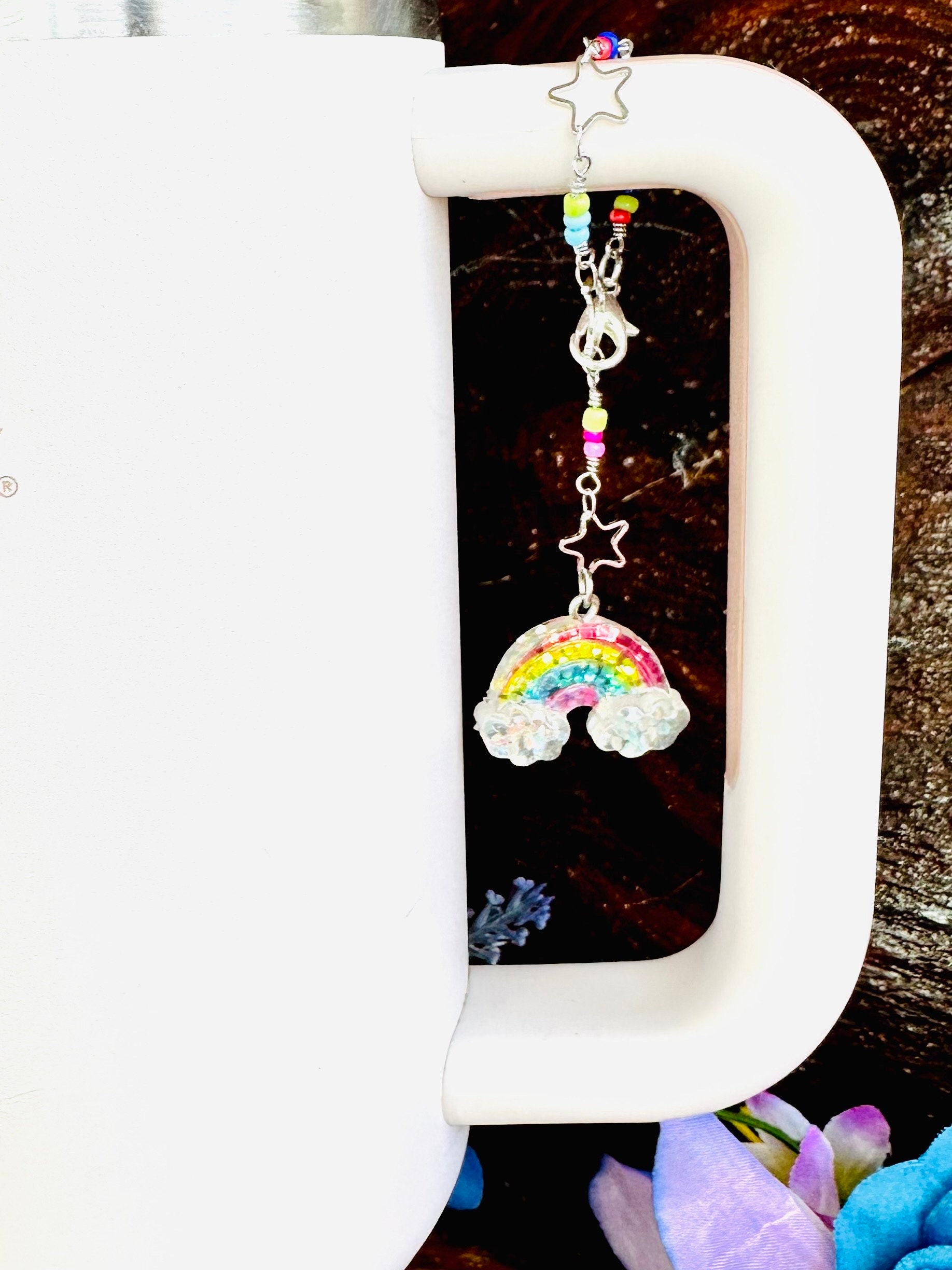 Rainbow Tumbler Charm: Beaded Dangle, Stainless Steel Chain - Etsy