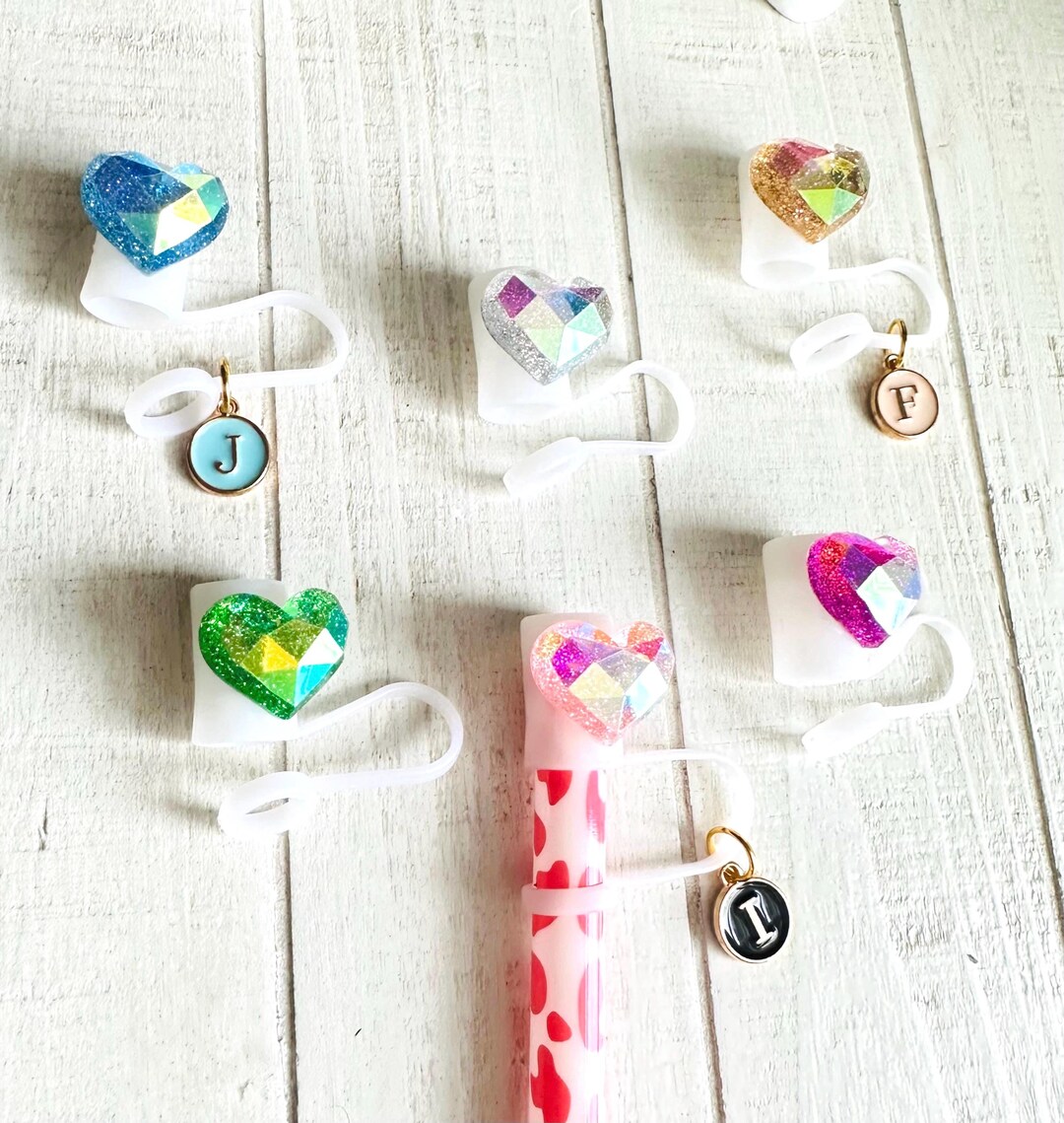 Shimmer Heart Stanley Straw Topper With Initial Charm - Etsy