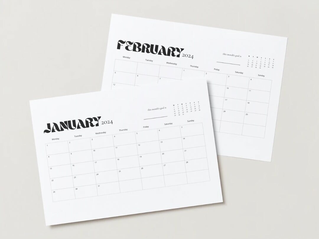 Digital Printable Minimalistic 2024 Calendar + Yearly and Weekly ...