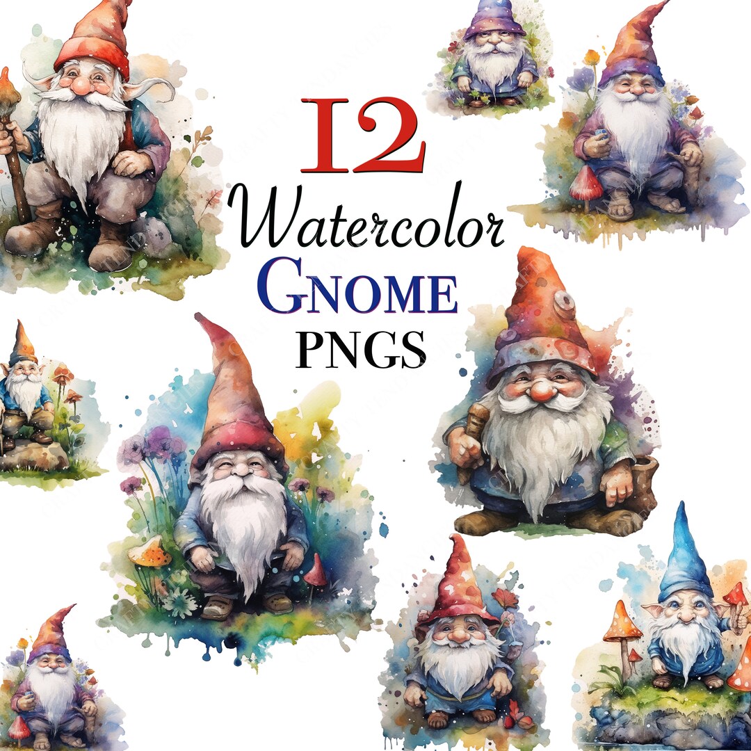 Gnome Clipart PNG Files for Download, 12 Watercolor Gnome Designs for ...