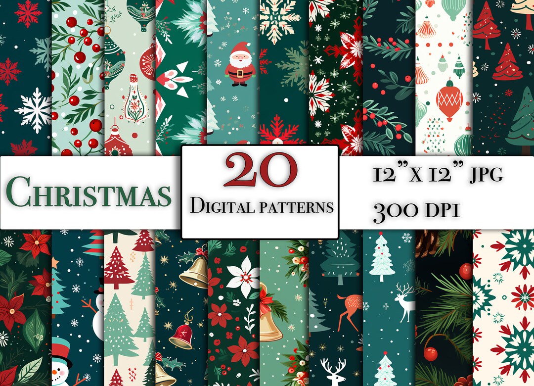 Holiday Themed Digital Paper Bundle, 20 Seamless Christmas Digital ...
