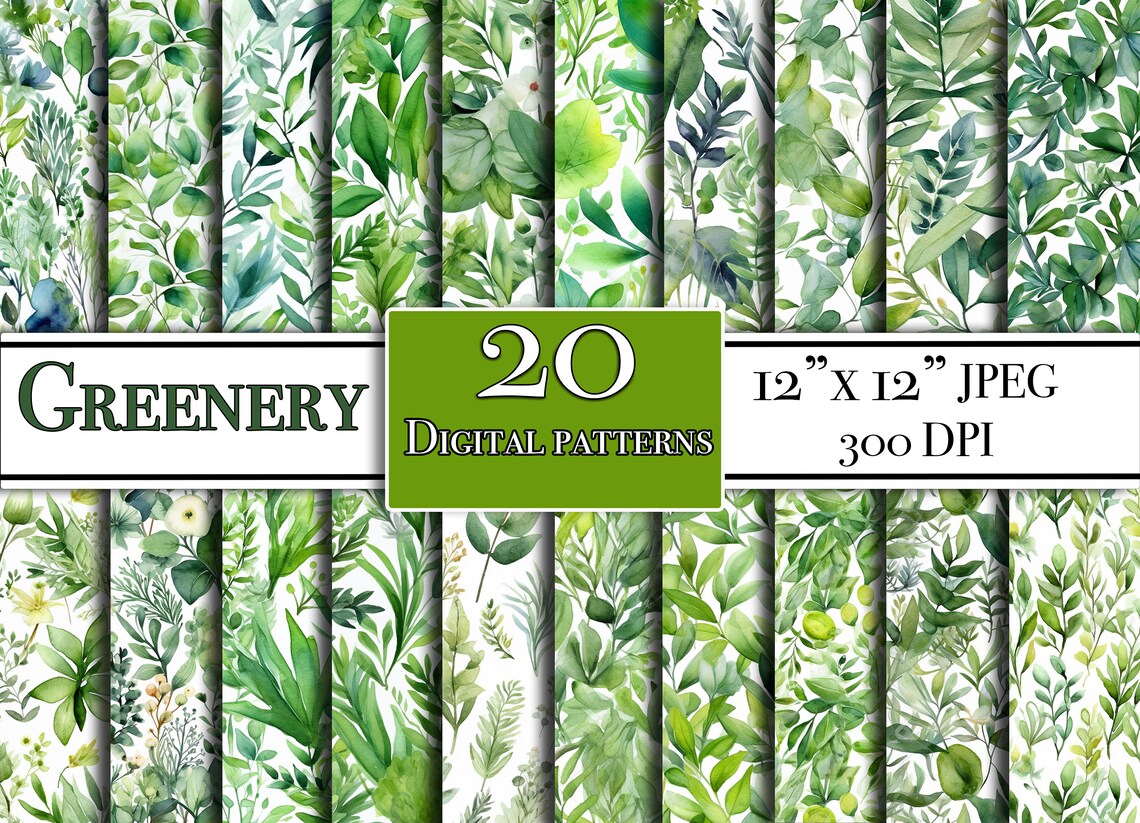 Greenery and Foliage Digital Paper Bundle, 20 Watercolor Greenery Digital Paper Designs for ...