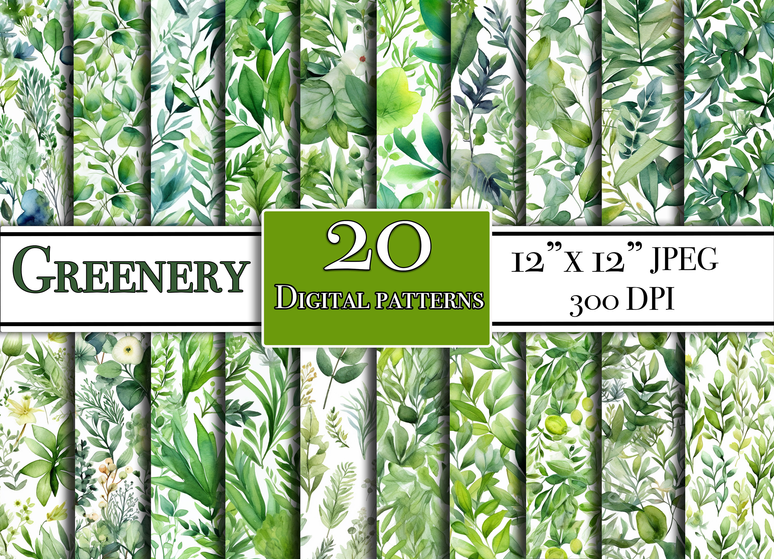 Greenery and Foliage Digital Paper Bundle, 20 Watercolor Greenery ...