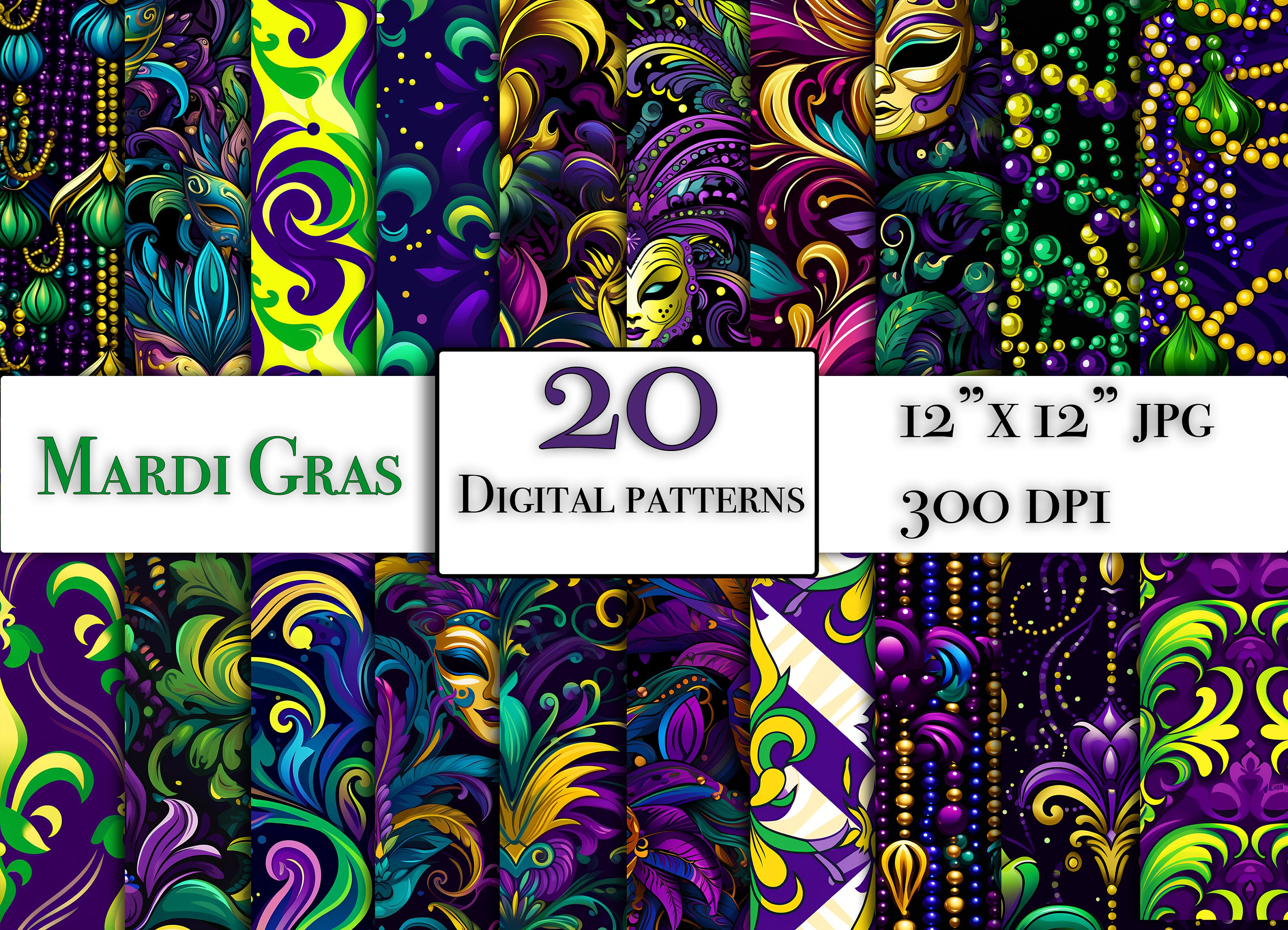 Mardi Gras Digital Paper Bundle, 20 Seamless Mardi Gras Digital Paper ...
