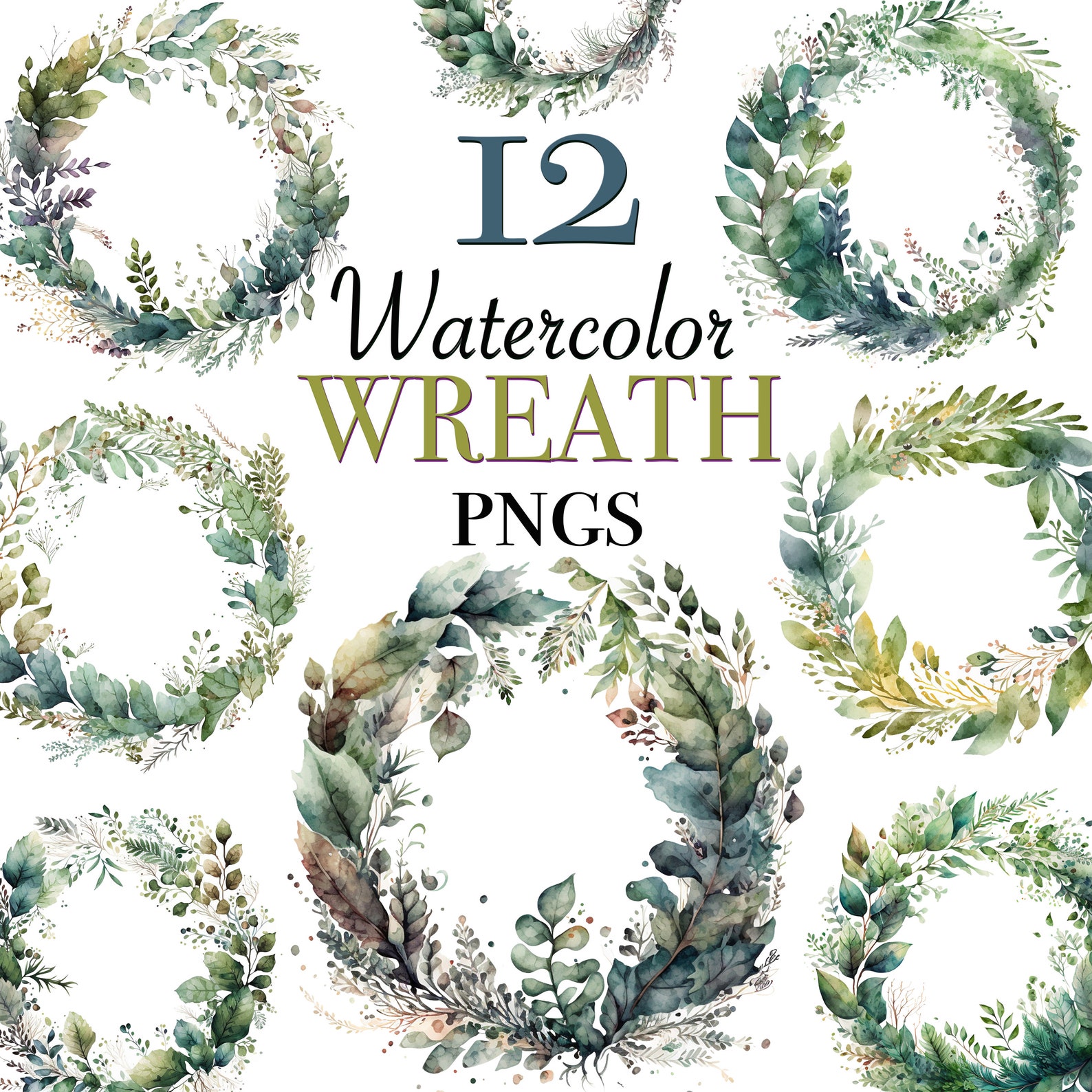 Watercolor Greenery Wreath Clipart Files for Instant Download ...