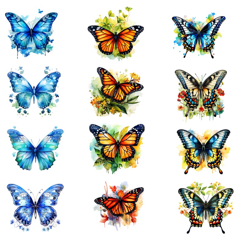 Watercolor Butterfly Clipart PNG Files for Instant Download, 12 Monarch ...