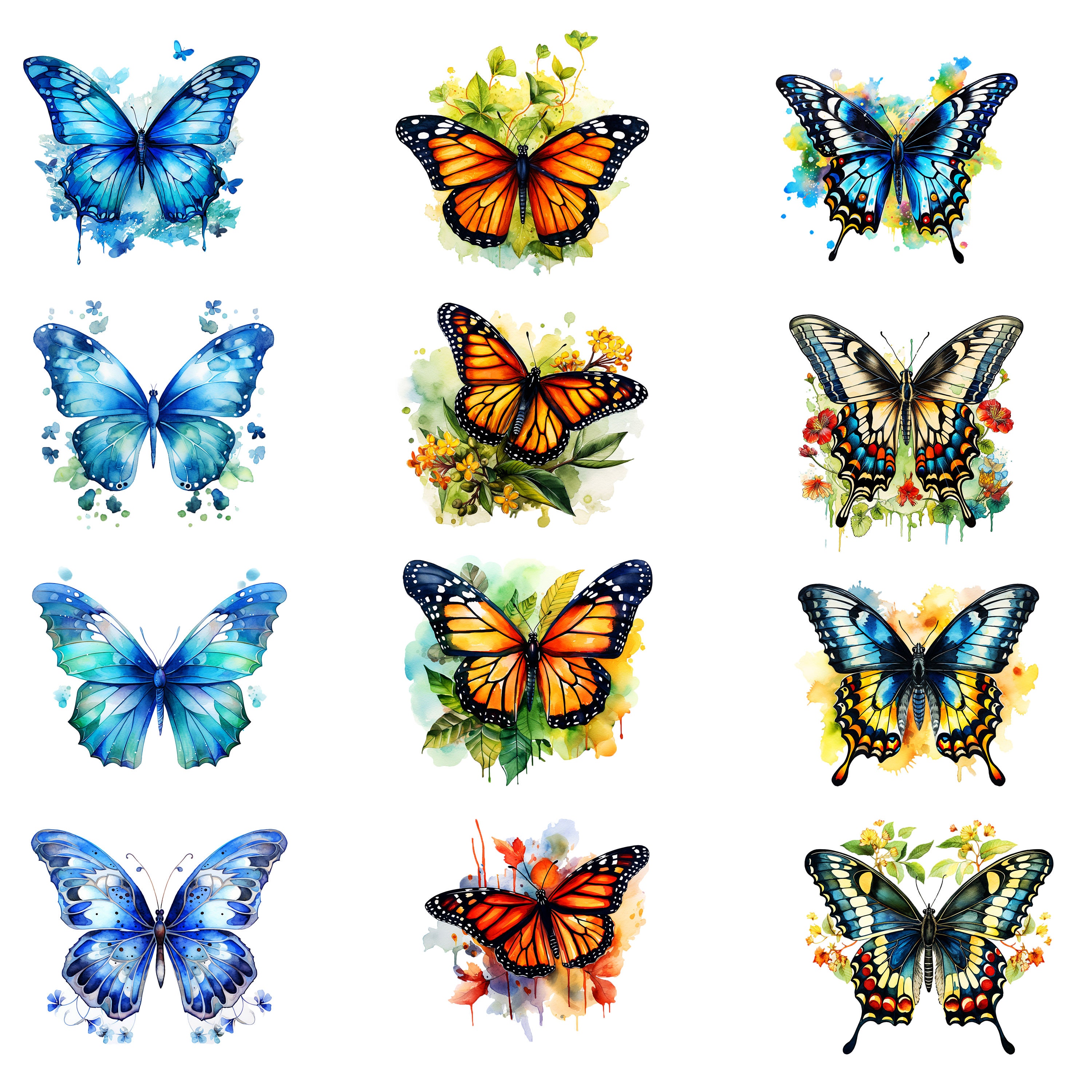 Watercolor Butterfly Clipart PNG Files for Instant Download, 12 Monarch ...