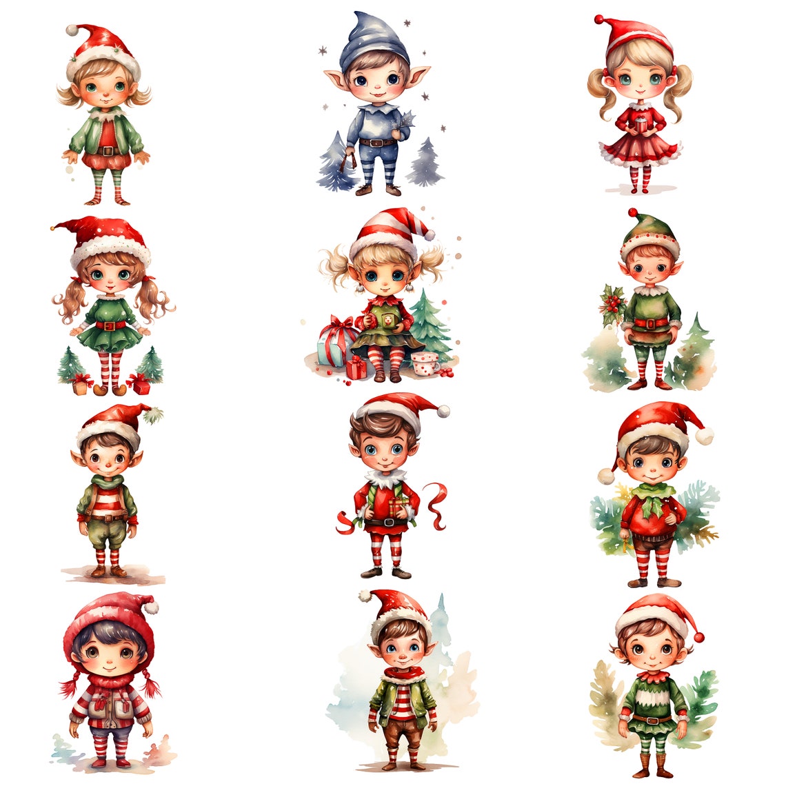 Watercolor Christmas Elf Clipart PNG Files for Instant Download, 12 ...