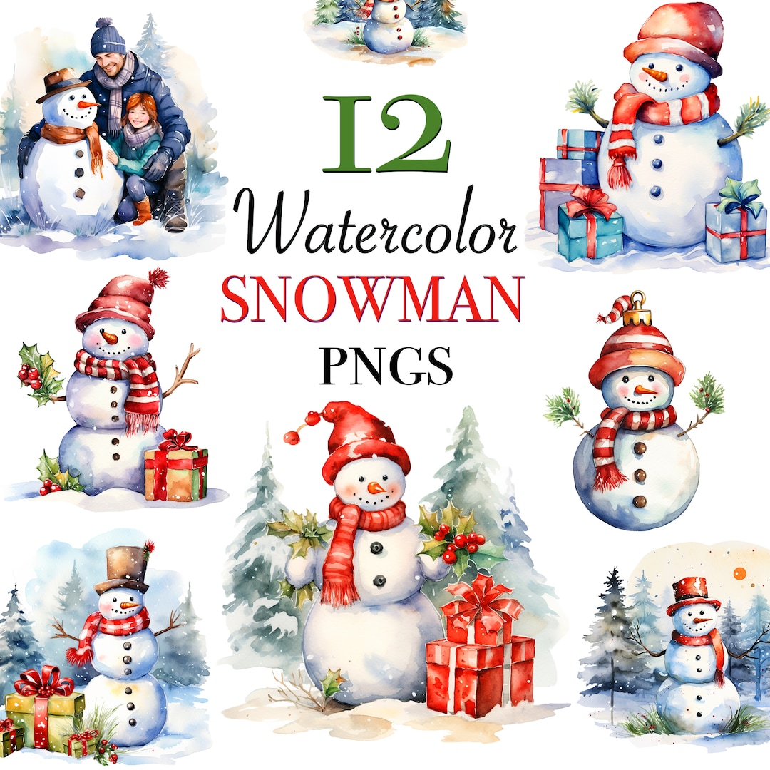 Watercolor Snowman Clipart PNG Files for Instant Download, 12 Winter ...