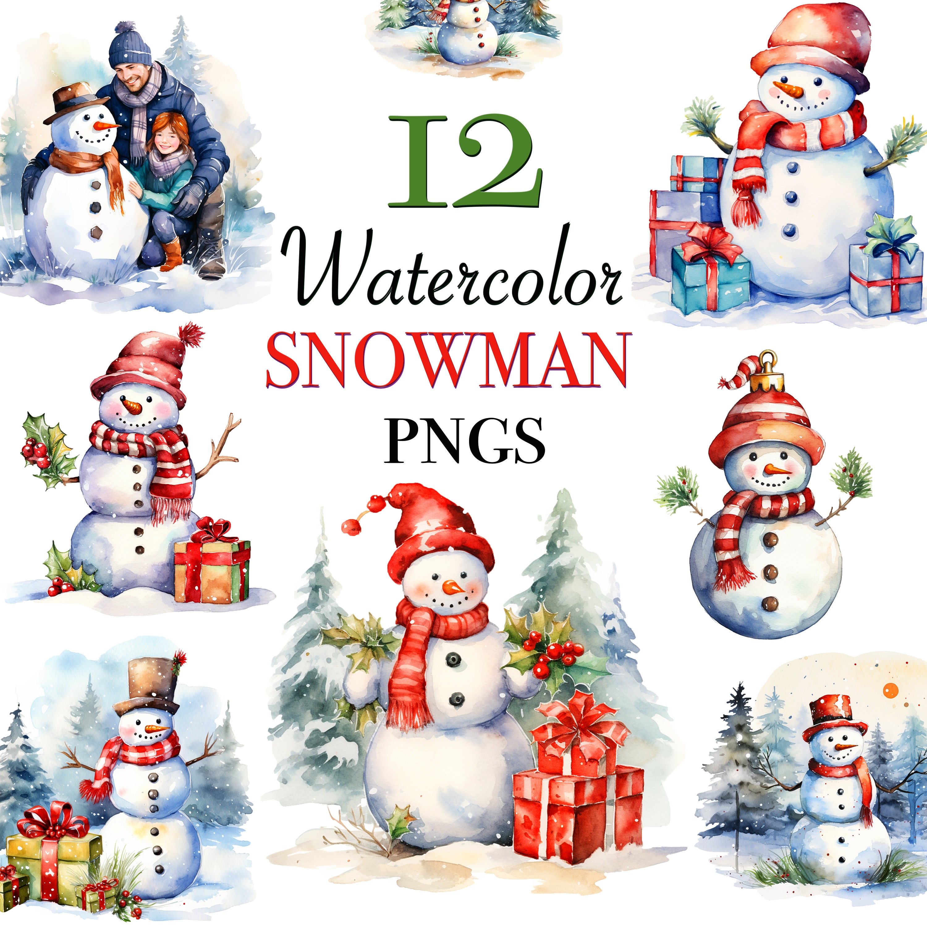 Watercolor Snowman Clipart PNG Files for Instant Download, 12 Winter ...