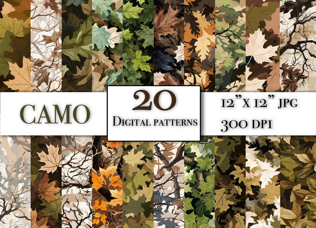 Camouflage Digital Paper Bundle, 20 Seamless Forest Camo Digital Paper ...