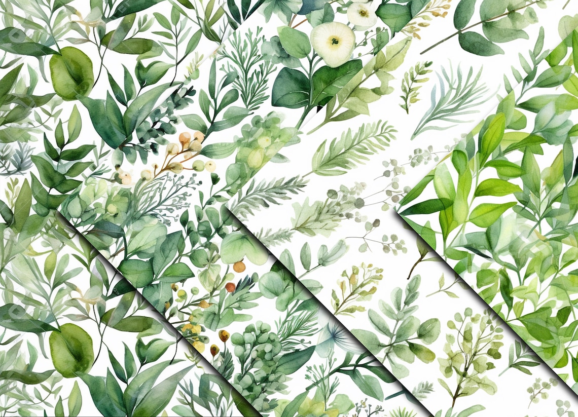 Greenery and Foliage Digital Paper Bundle, 20 Watercolor Greenery Digital Paper Designs for ...