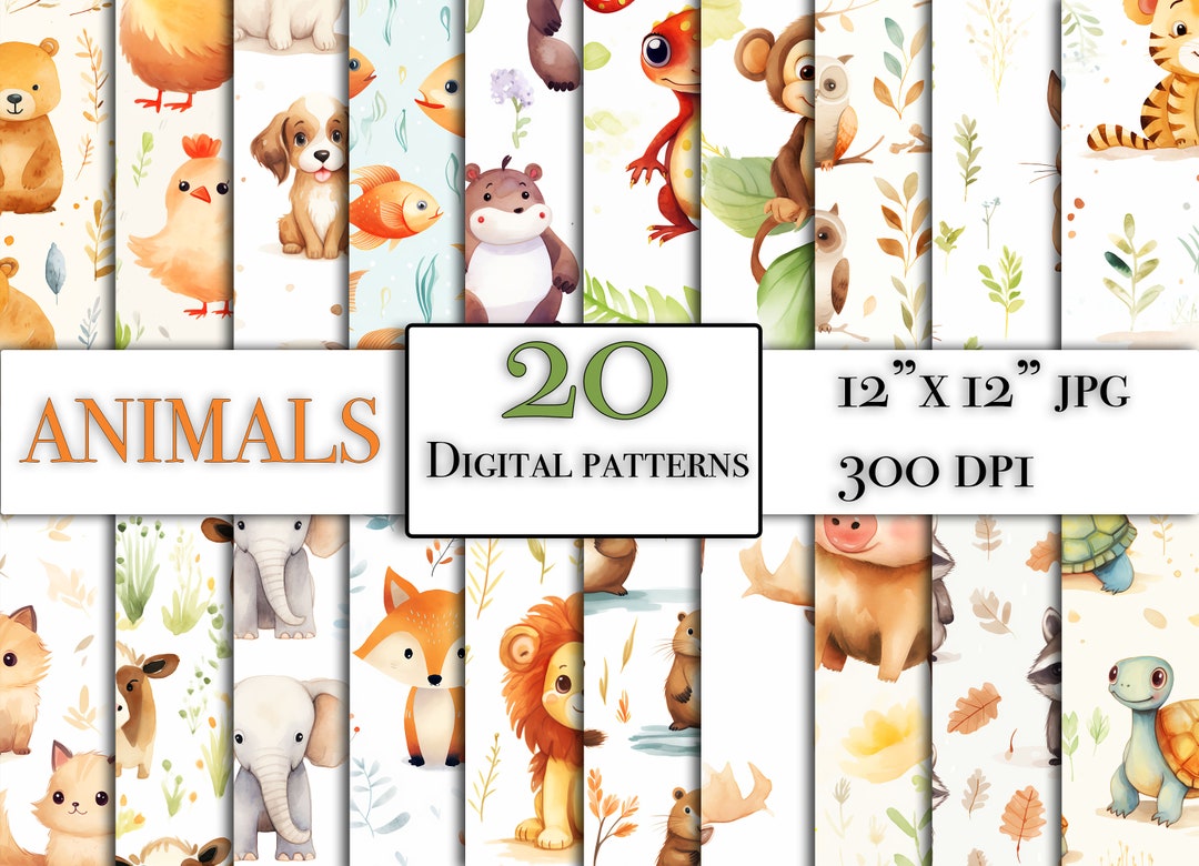 Adorable Animal Digital Paper Bundle, 20 Seamless Watercolor Animal ...