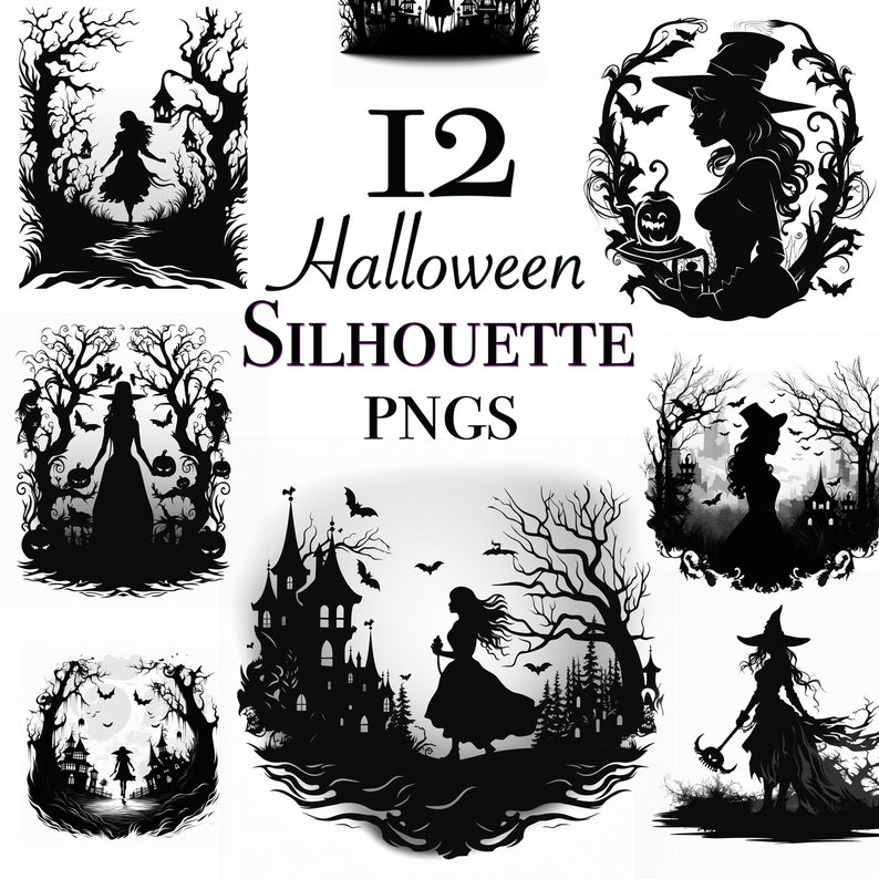 Halloween Silhouette Clipart Files for Instant Download, Halloween PNG ...