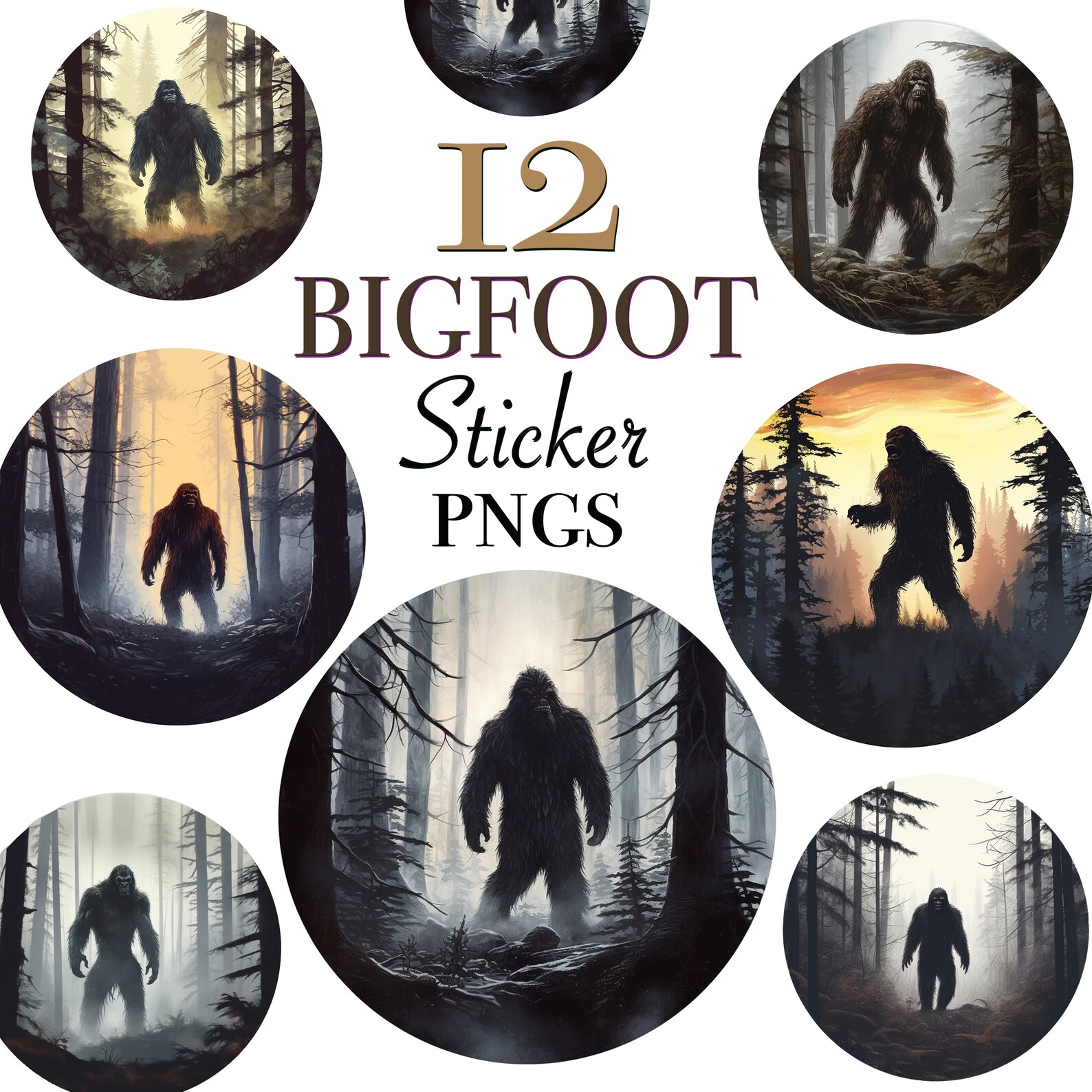 Circular Bigfoot Clipart Files for Instant Download, Bigfoot PNG Files ...