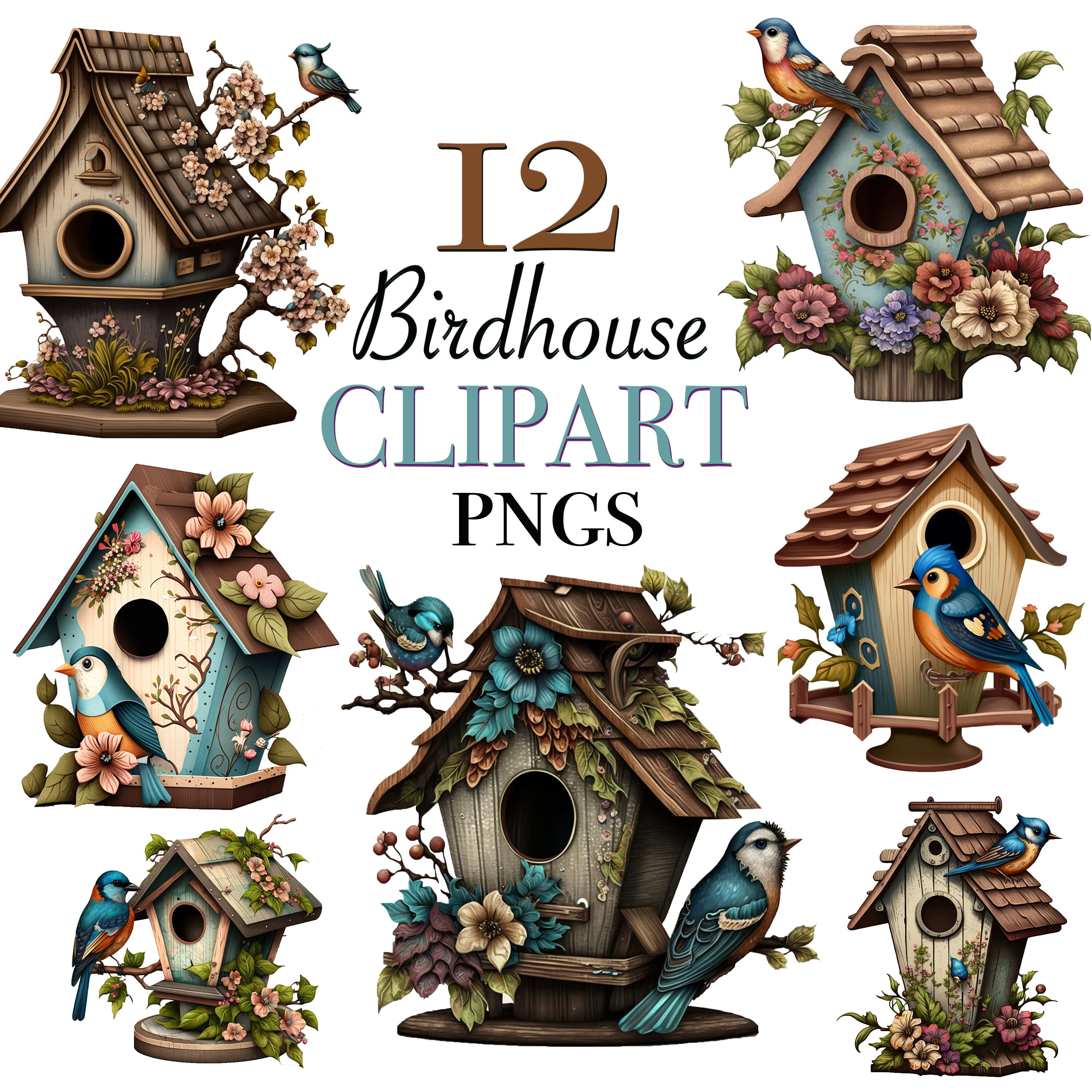 Bird House Clipart Files for Instant Download, 12 Wood Birdhouse PNG ...