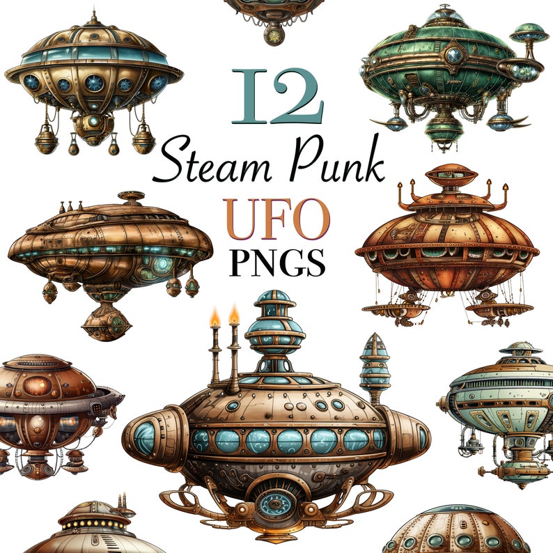 Steam Punk UFO Clipart PNG Files for Instant Download, 12 UFO Sticker ...