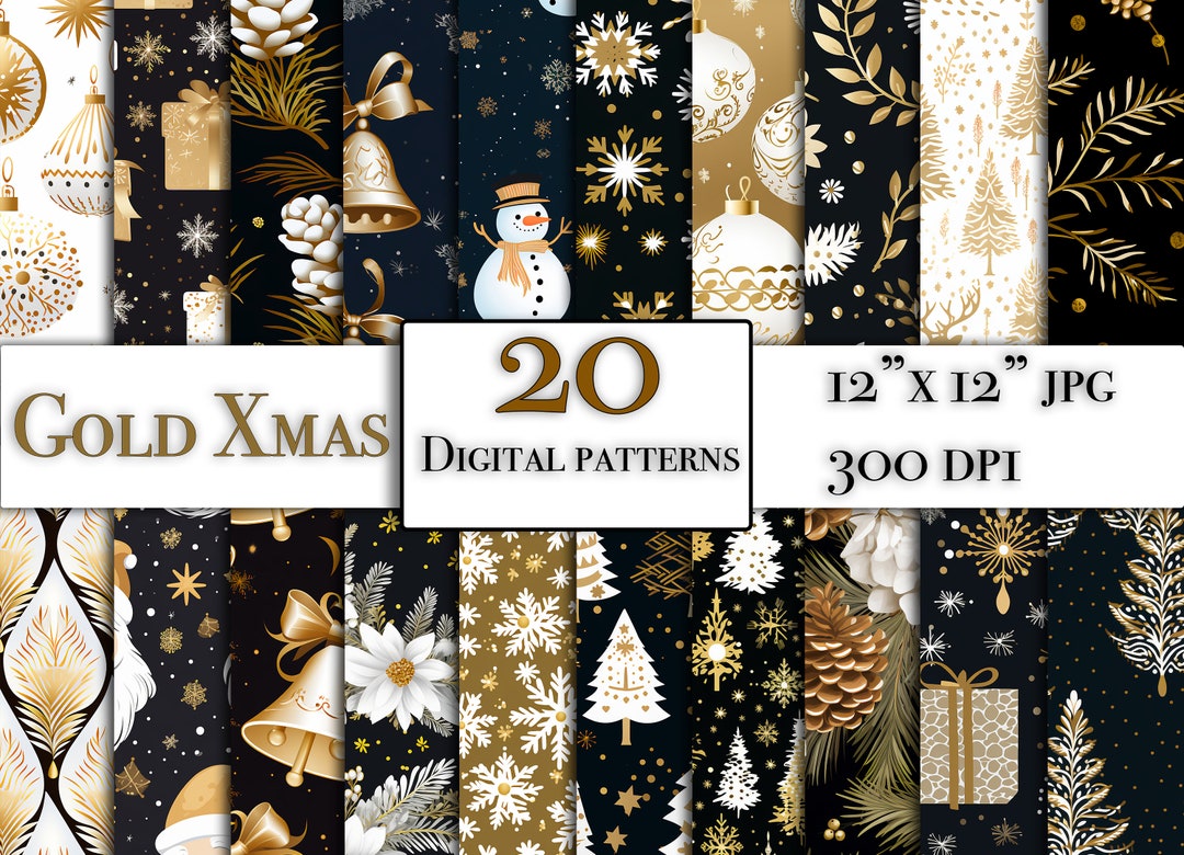 Gold Holiday Themed Digital Paper Bundle, 20 Seamless Christmas Digital ...