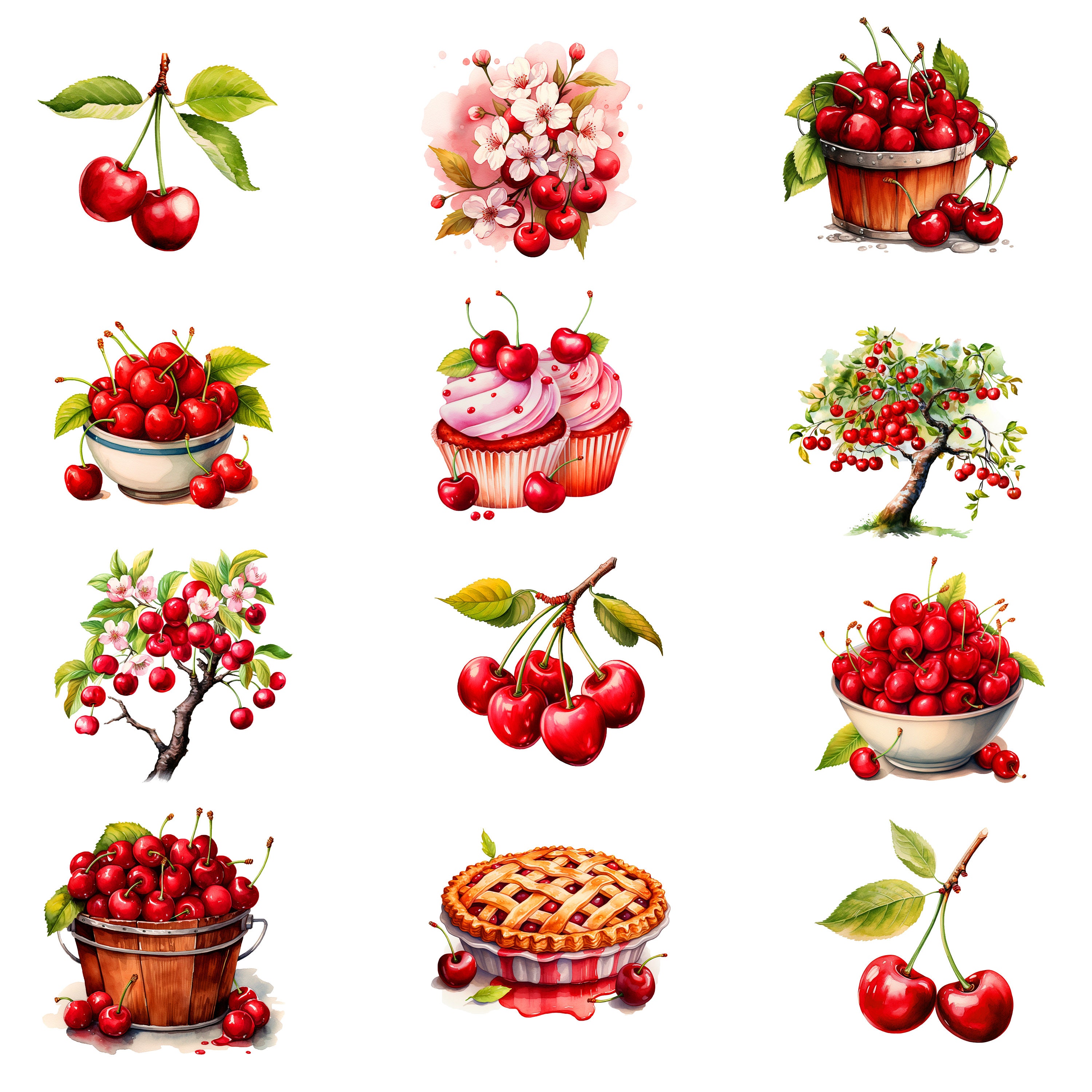 Watercolor Cherry Clipart PNG Files for Instant Download, 12 Cherry ...