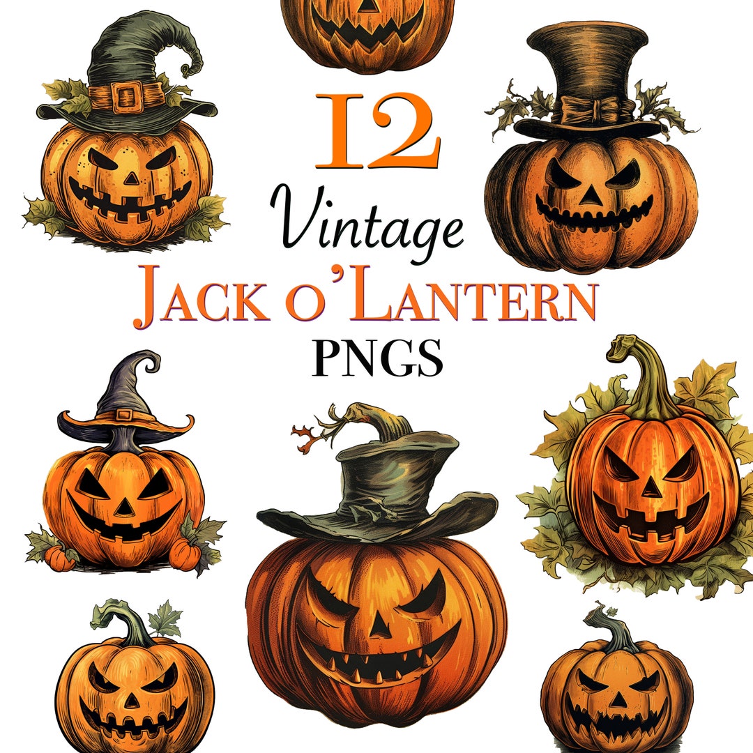 Vintage Jack O'lantern Clipart Files for Download, 12 Pumpkin PNG ...