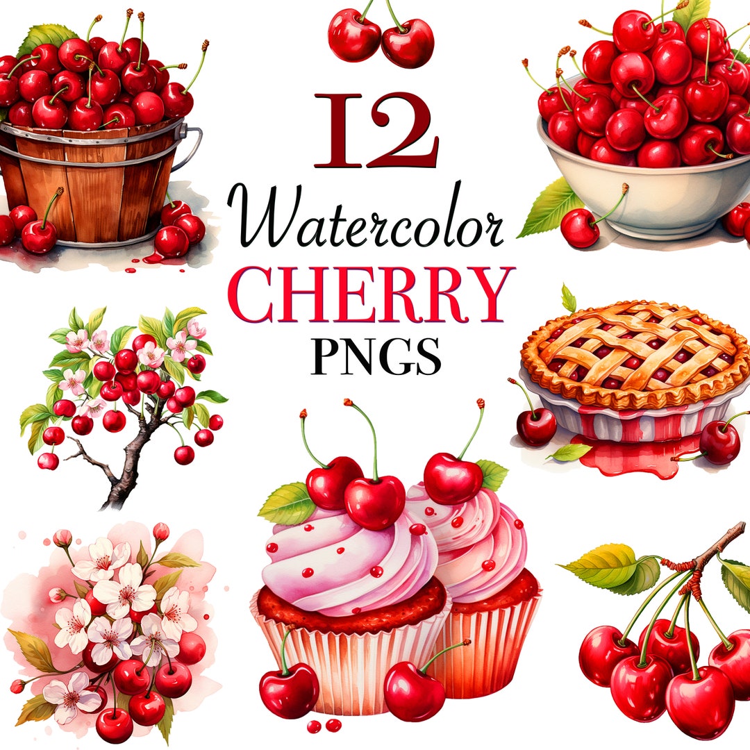 Watercolor Cherry Clipart PNG Files for Instant Download, 12 Cherry ...