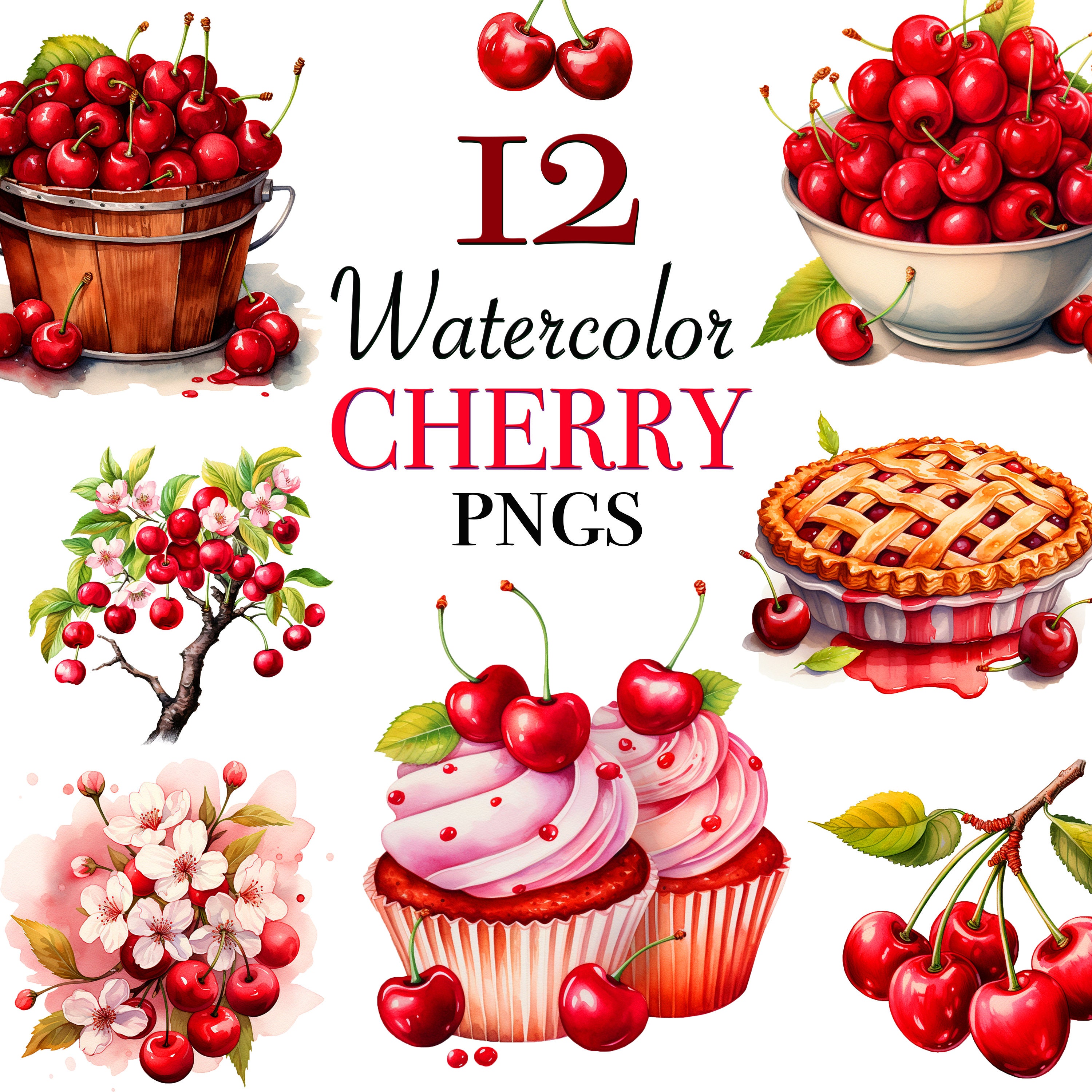 Watercolor Cherry Clipart PNG Files for Instant Download, 12 Cherry ...