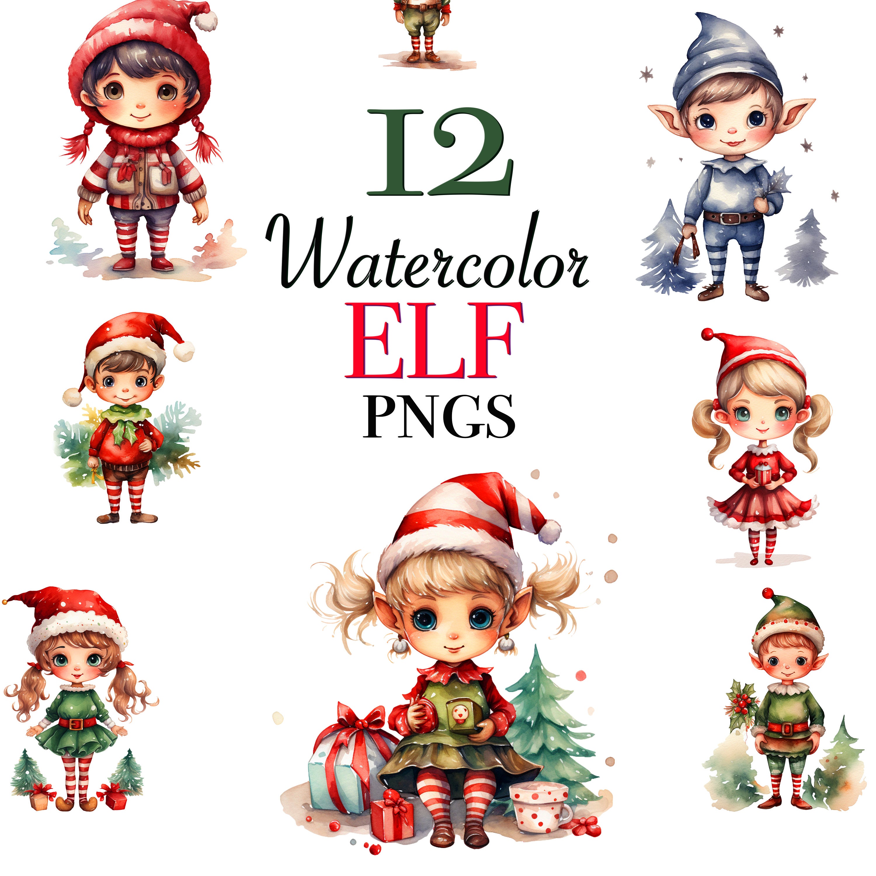 Watercolor Christmas Elf Clipart PNG Files for Instant Download, 12 ...