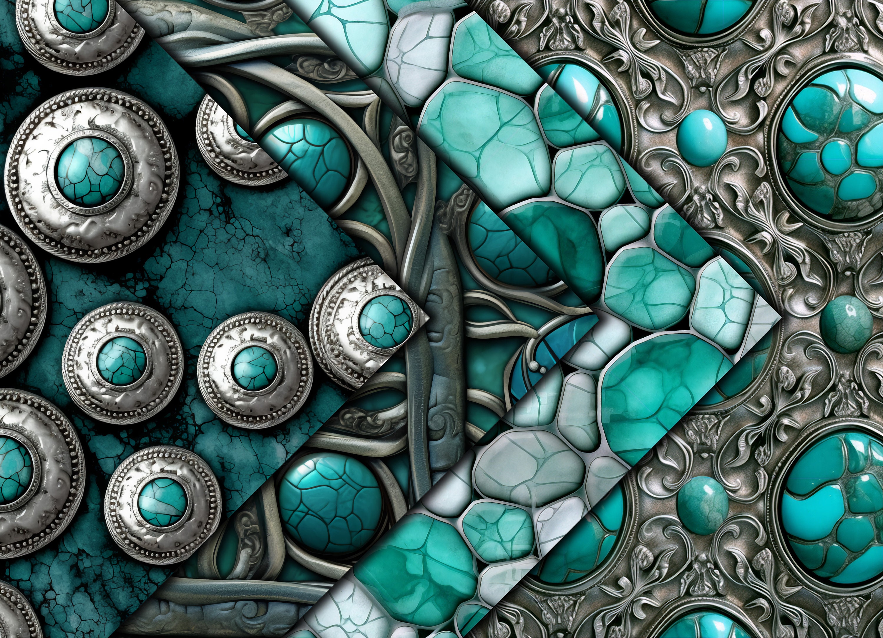 Turquoise Digital Paper Bundle, 20 Silver and Turquoise Digital Paper ...