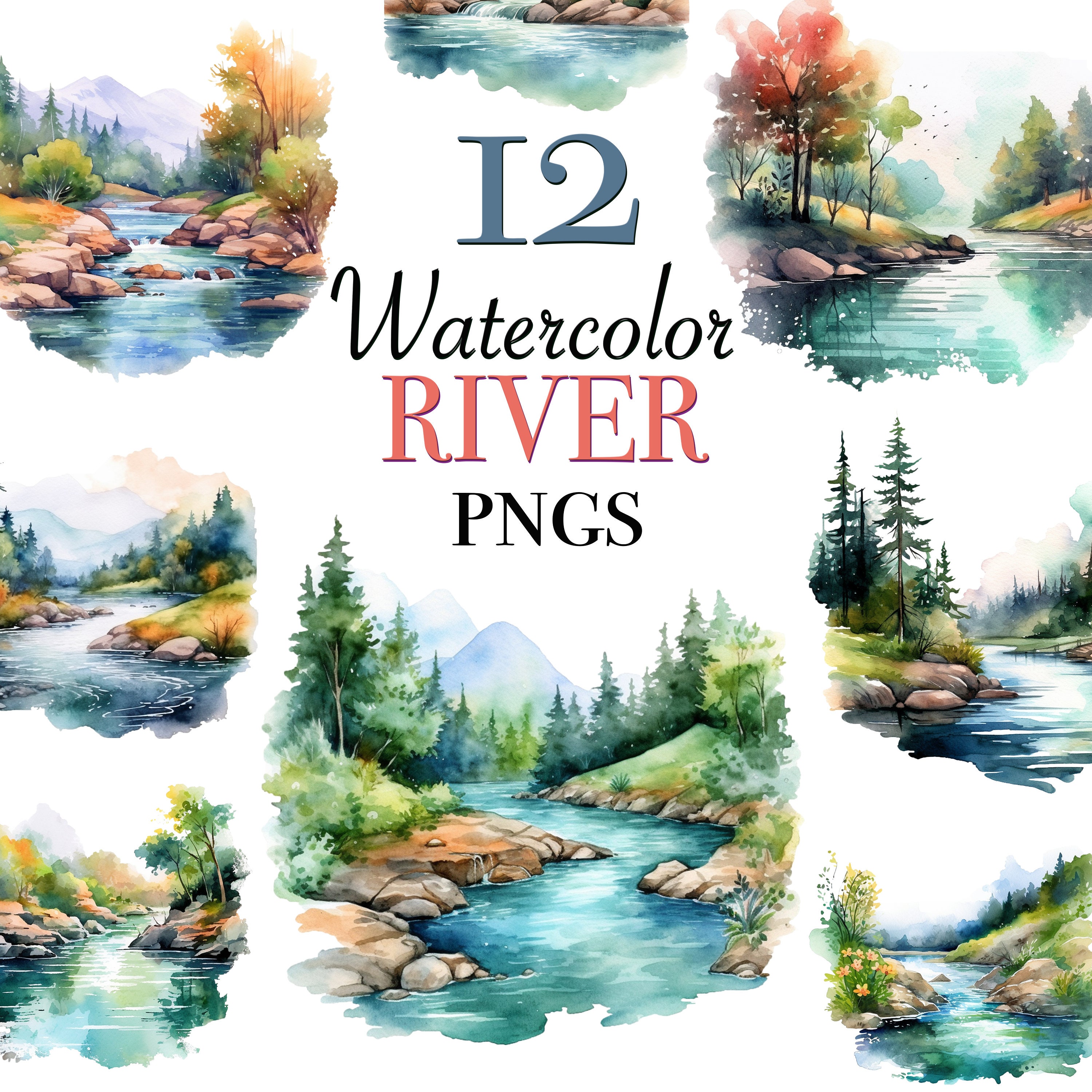 Watercolor River Landscape Clipart Files for Instant Download ...