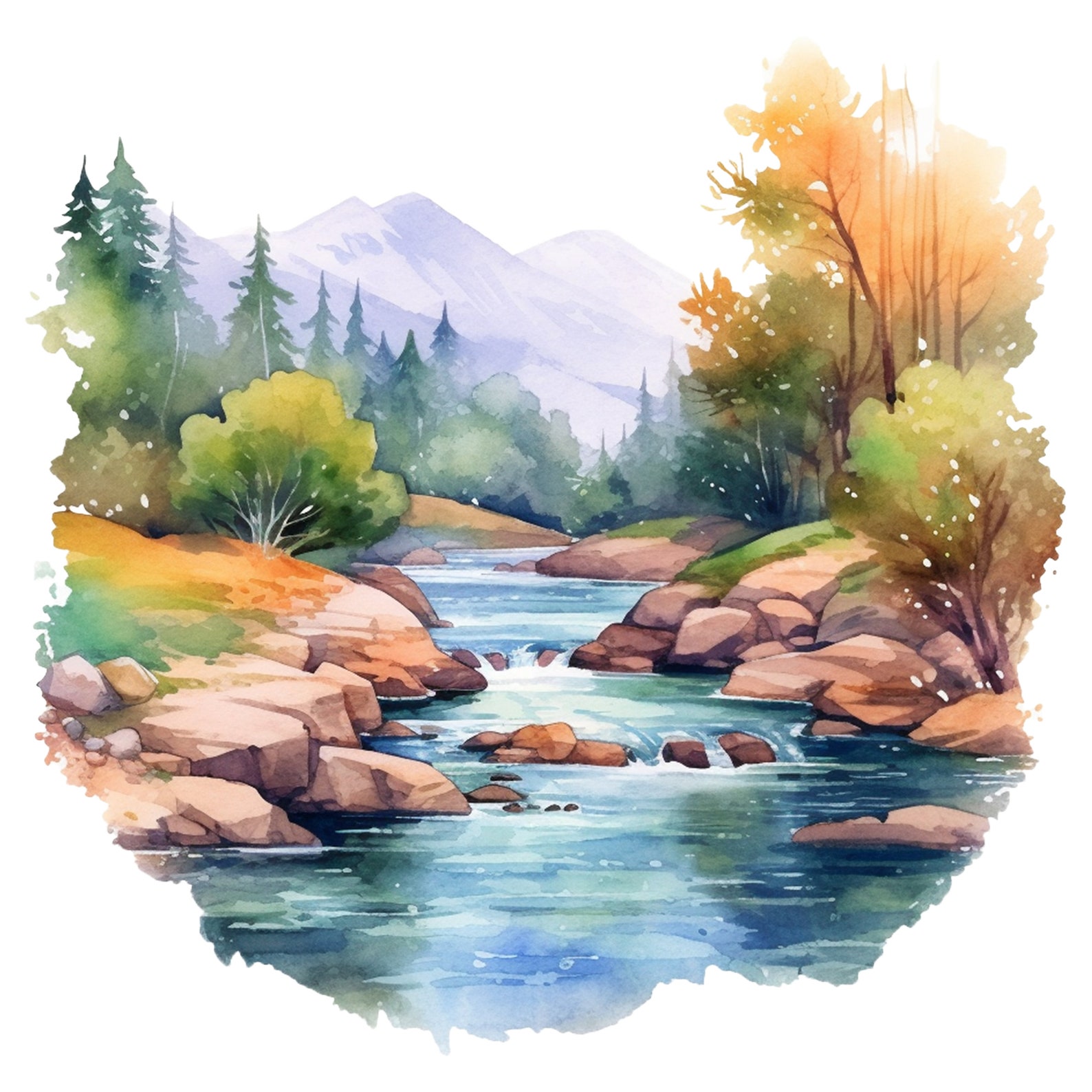 Watercolor River Landscape Clipart Files for Instant Download ...