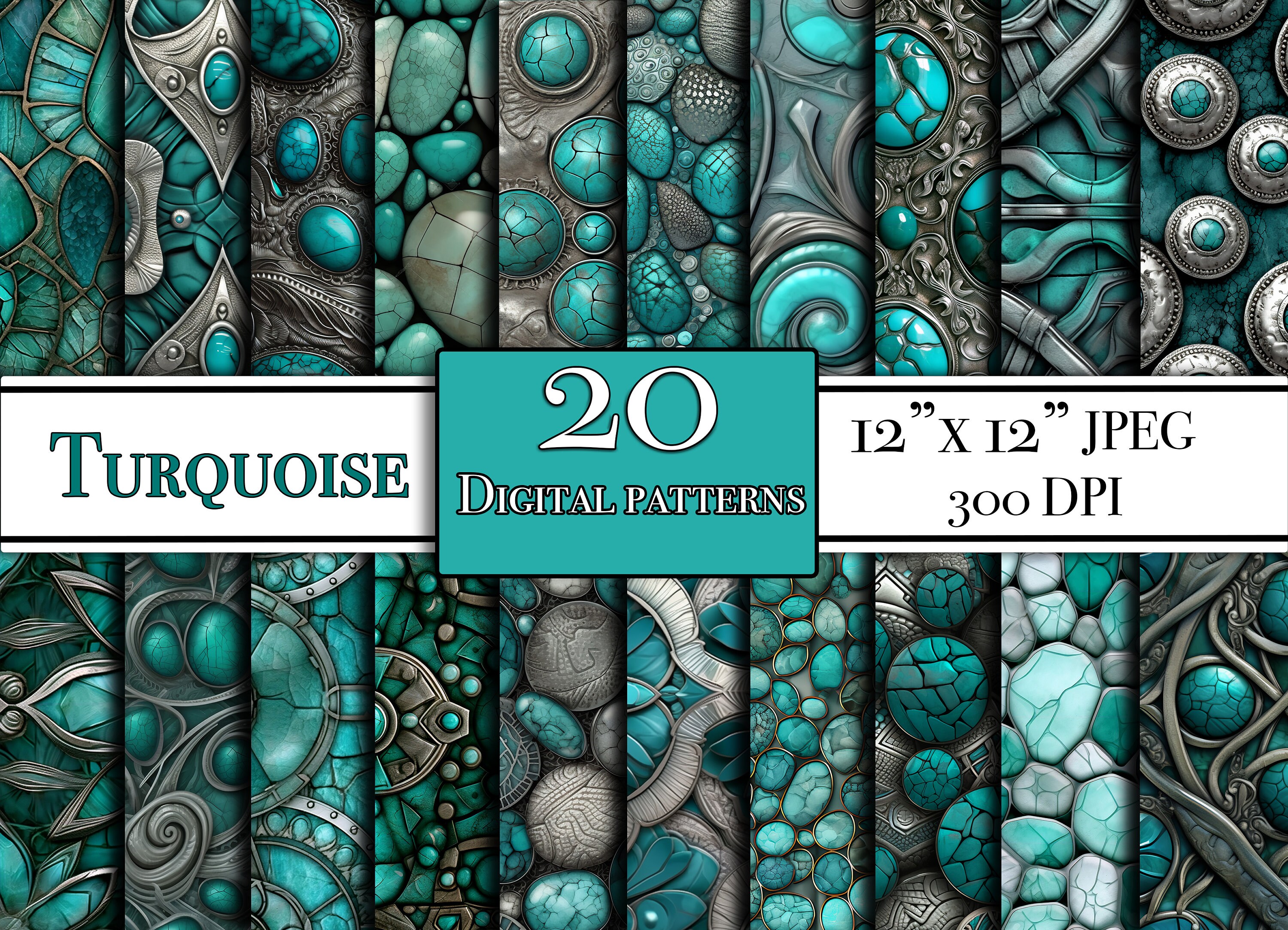 Turquoise Digital Paper Bundle, 20 Silver and Turquoise Digital Paper ...