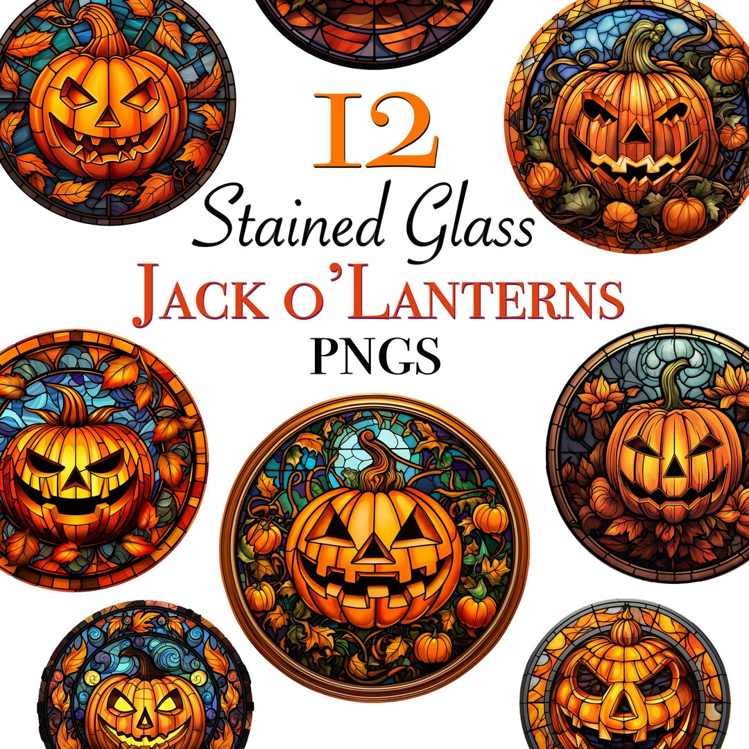 Jack O'lantern Clipart Files for Download, 12 Stained Glass Pumpkin PNG ...