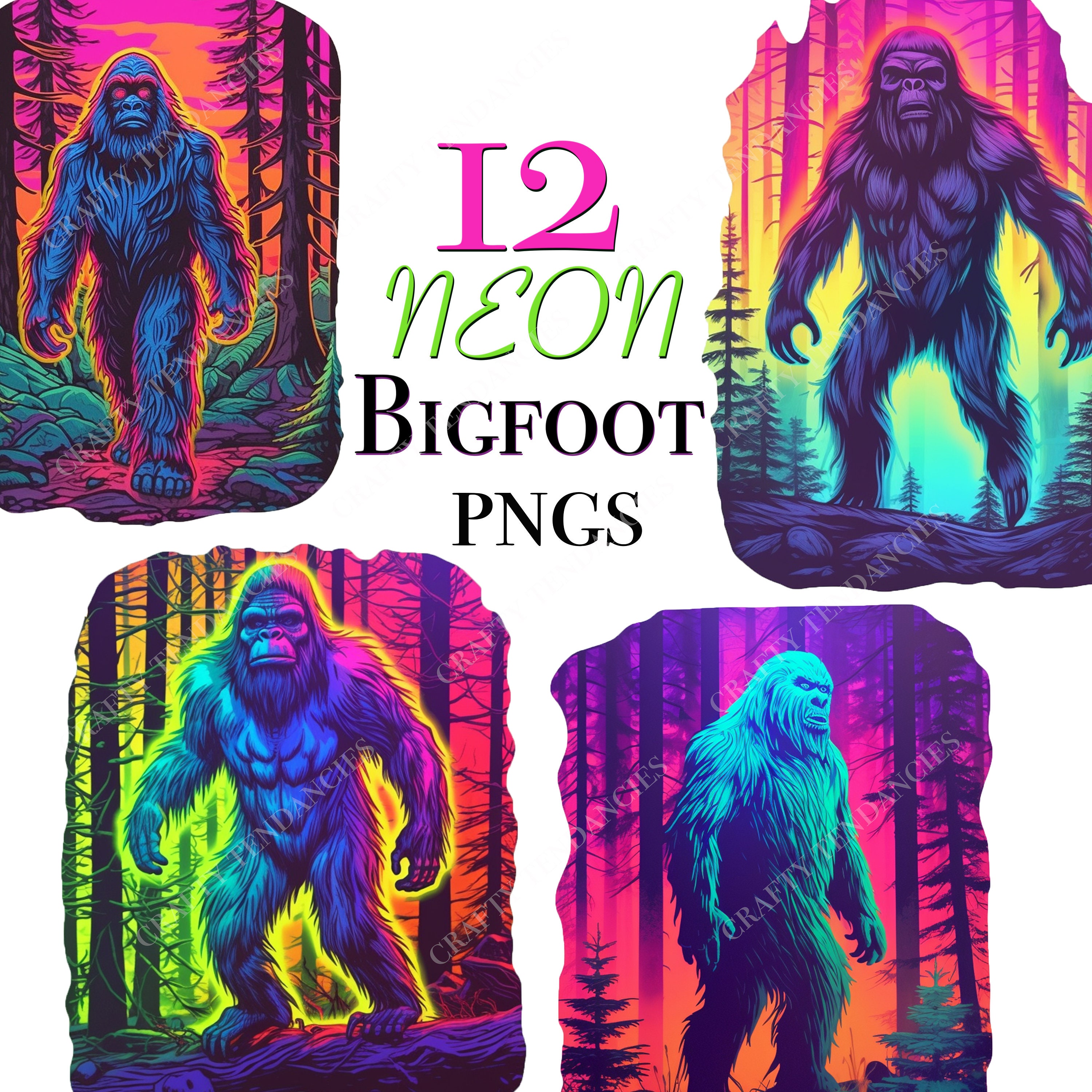Bigfoot Clipart Files for Download, 12 Neon Bigfoot PNG Designs for ...