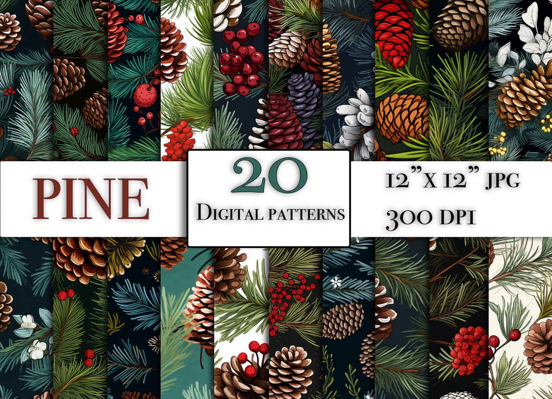 Holiday Pinecone Themed Digital Paper Bundle, 20 Seamless Pine Digital ...