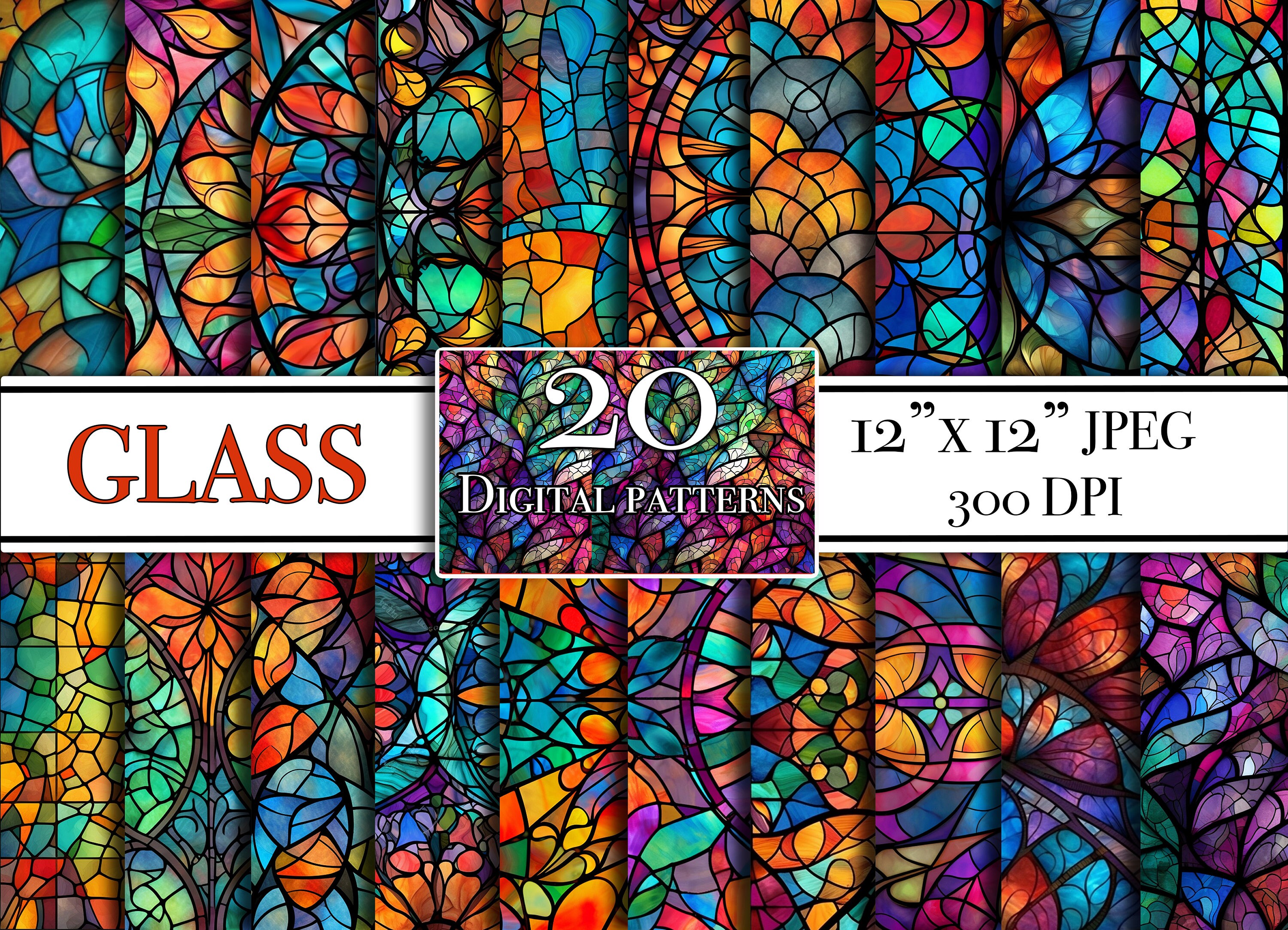 Stained Glass Digital Paper Bundle, 20 Colorful Glass Digital Paper ...