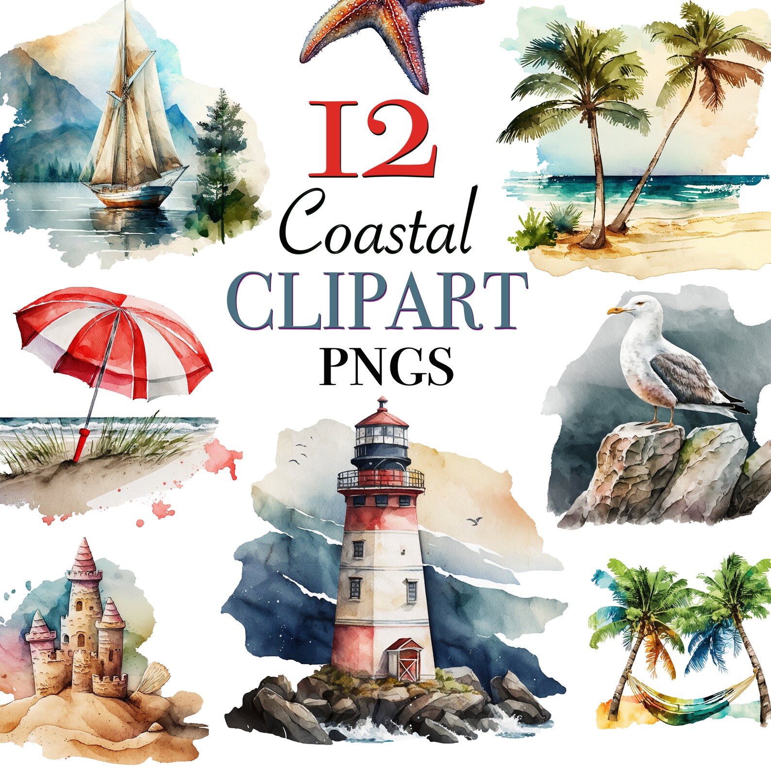 Coastal Clipart Files for Instant Download, 12 Coastal PNG Files for ...