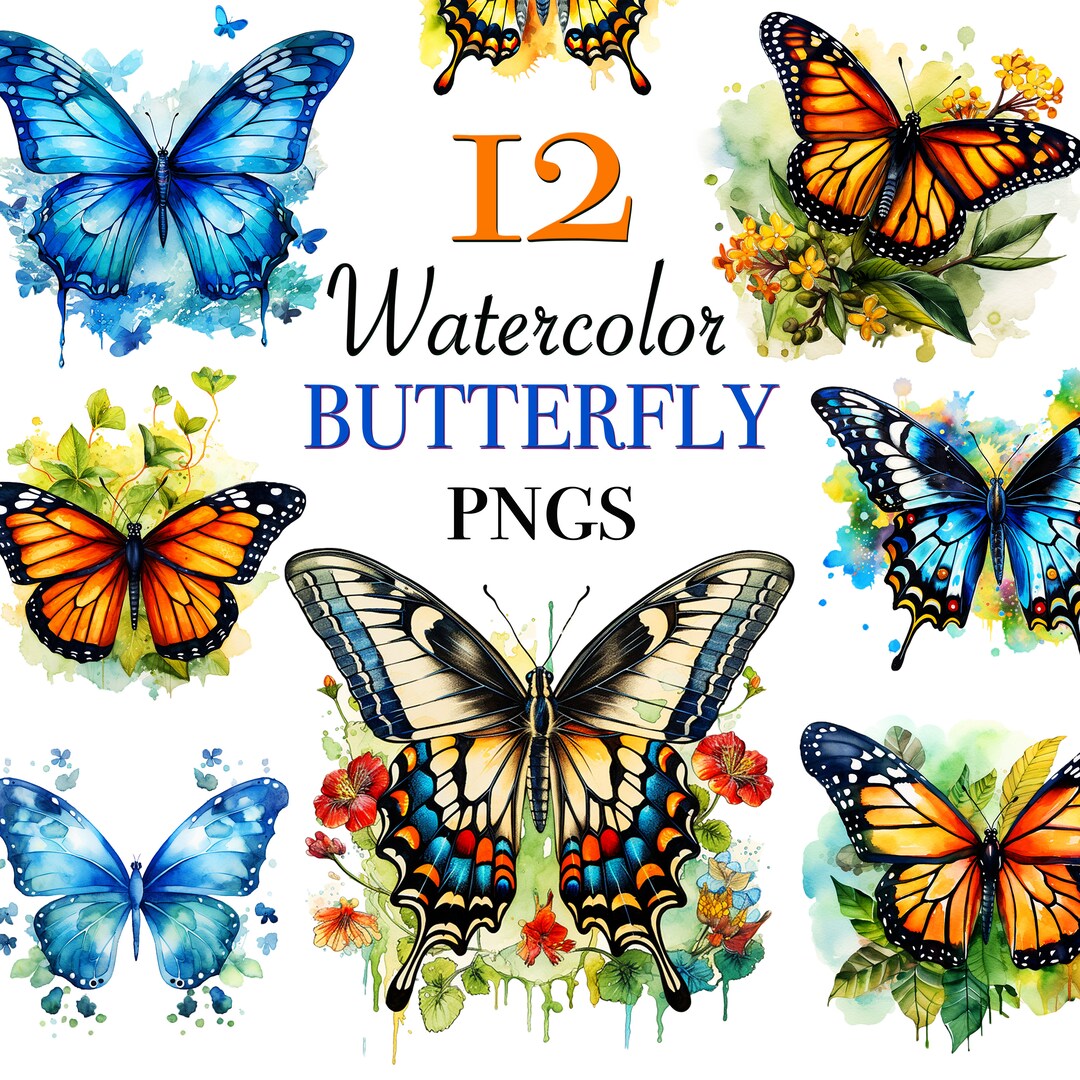 Watercolor Butterfly Clipart PNG Files for Instant Download, 12 Monarch ...