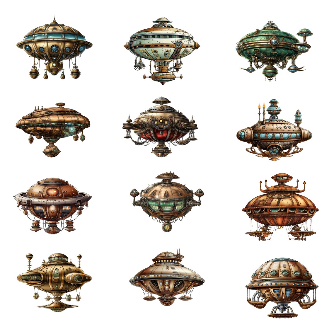 Steam Punk UFO Clipart PNG Files for Instant Download, 12 UFO Sticker ...
