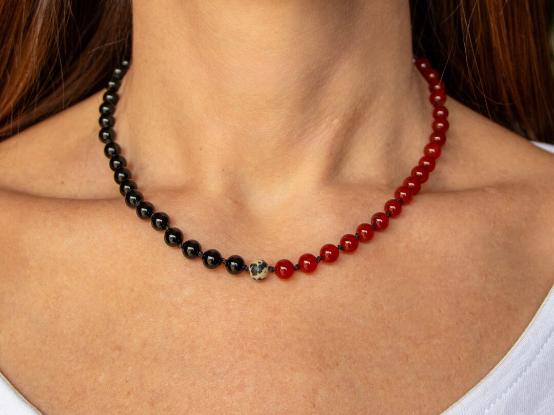 Carnelian Onyx Dalmation Quartz Choker Gemstone Necklace Black Knotted ...